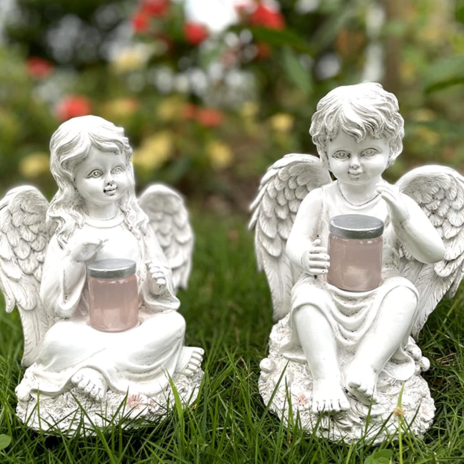 Solar Light Garden Angel Boy/Girl with Bottle Resin Craft Waterproof Outdoor Statue with LED ...